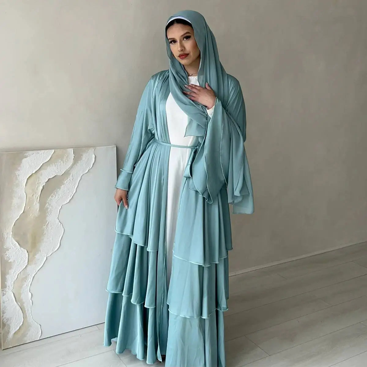 Muslim Women 3 Layer Satin Open Abaya Dress – Urgarment