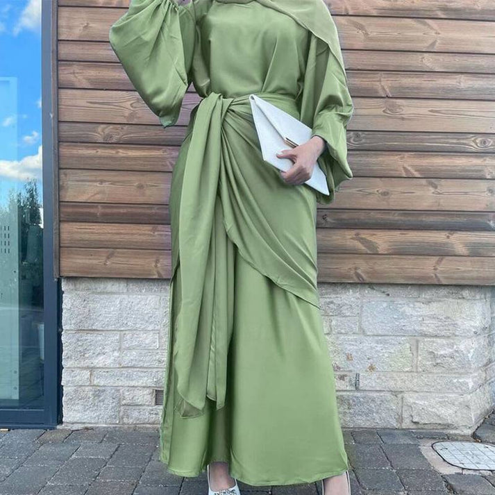 Muslim Women Satin Abaya Dress With Midi Wrap – Urgarment