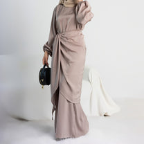 Muslim Women Satin Abaya Dress With Midi Wrap – Urgarment