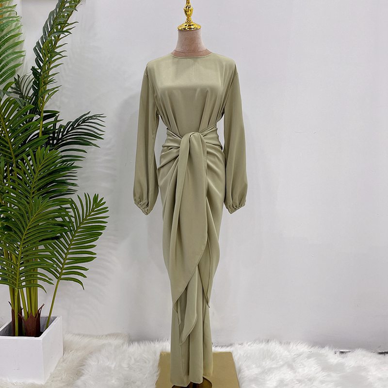 Muslim Women Satin Abaya Dress With Midi Wrap – Urgarment