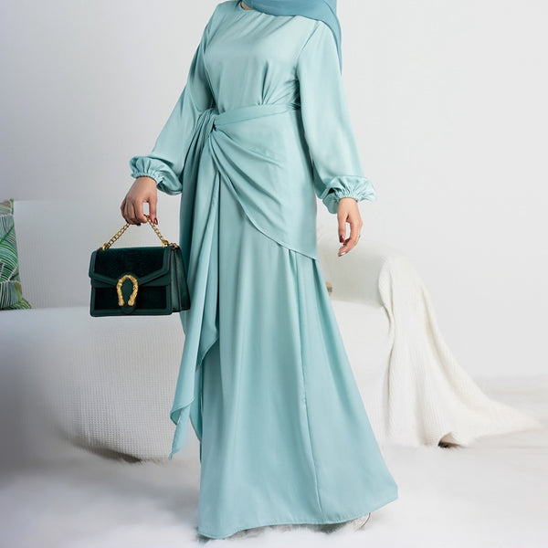 Muslim Women Satin Abaya Dress With Midi Wrap – Urgarment