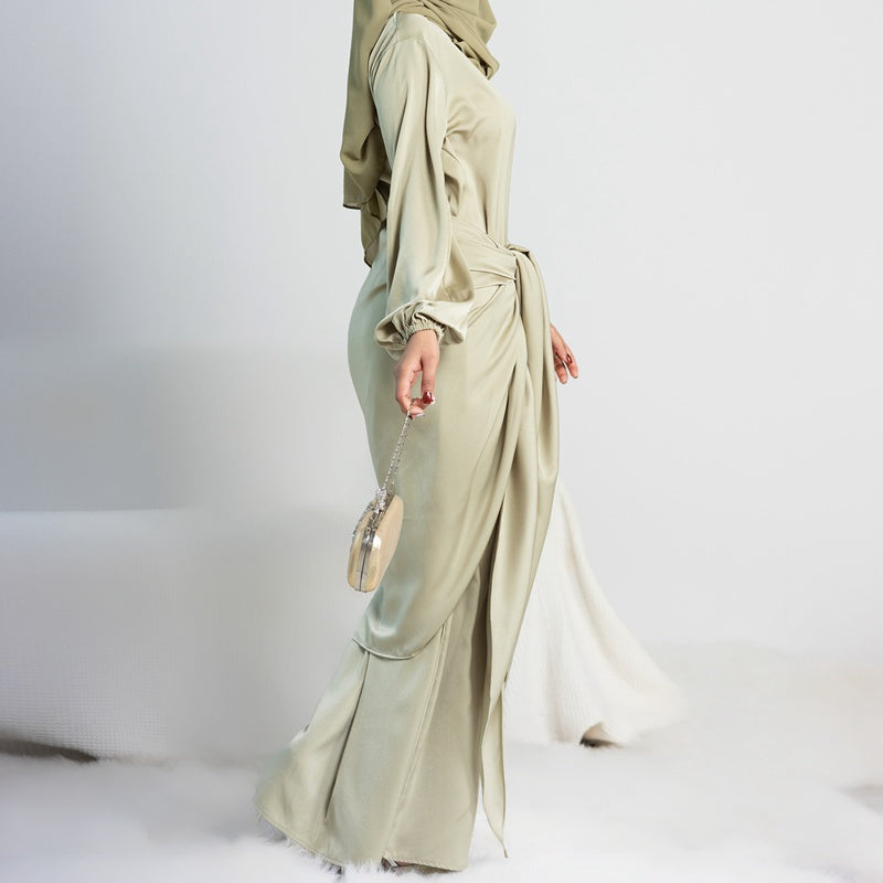 Muslim Women Satin Abaya Dress With Midi Wrap – Urgarment