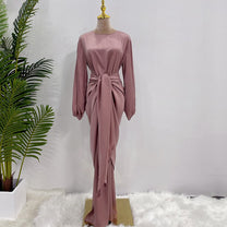 Muslim Women Satin Abaya Dress With Midi Wrap – Urgarment
