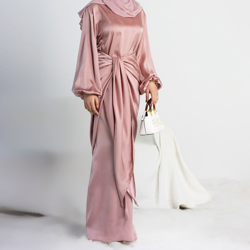 Muslim Women Satin Abaya Dress With Midi Wrap – Urgarment