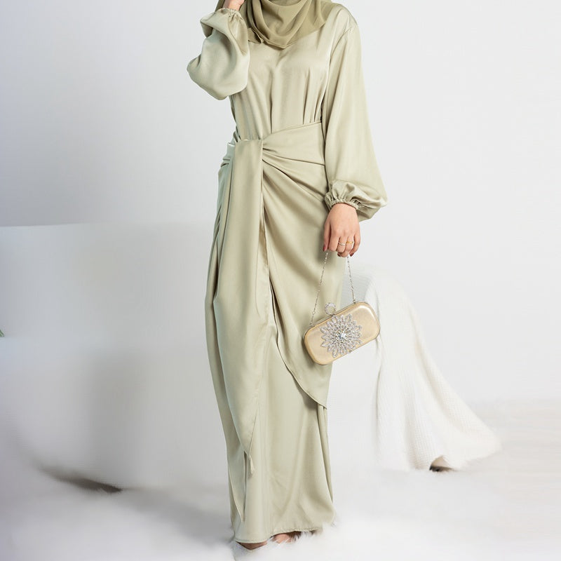 Muslim Women Satin Abaya Dress With Midi Wrap – Urgarment