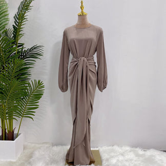Muslim Women Satin Abaya Dress With Midi Wrap – Urgarment