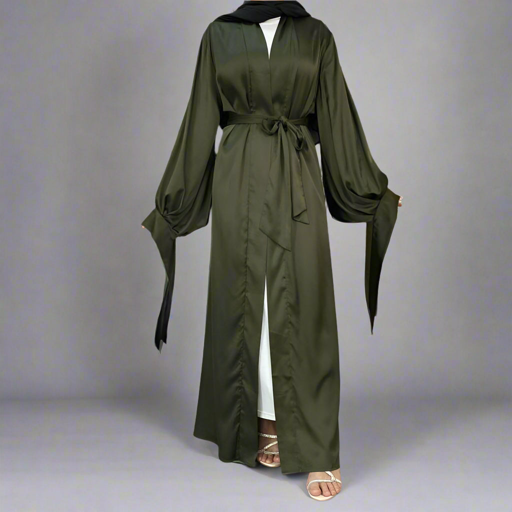 10 Color Options Puff Sleeve Satin Open Abaya Dress For Muslim Women ...